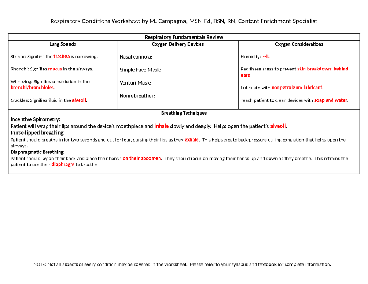 Respiratory Worksheet 3250 KEY - Respiratory Fundamentals Review Lung ...