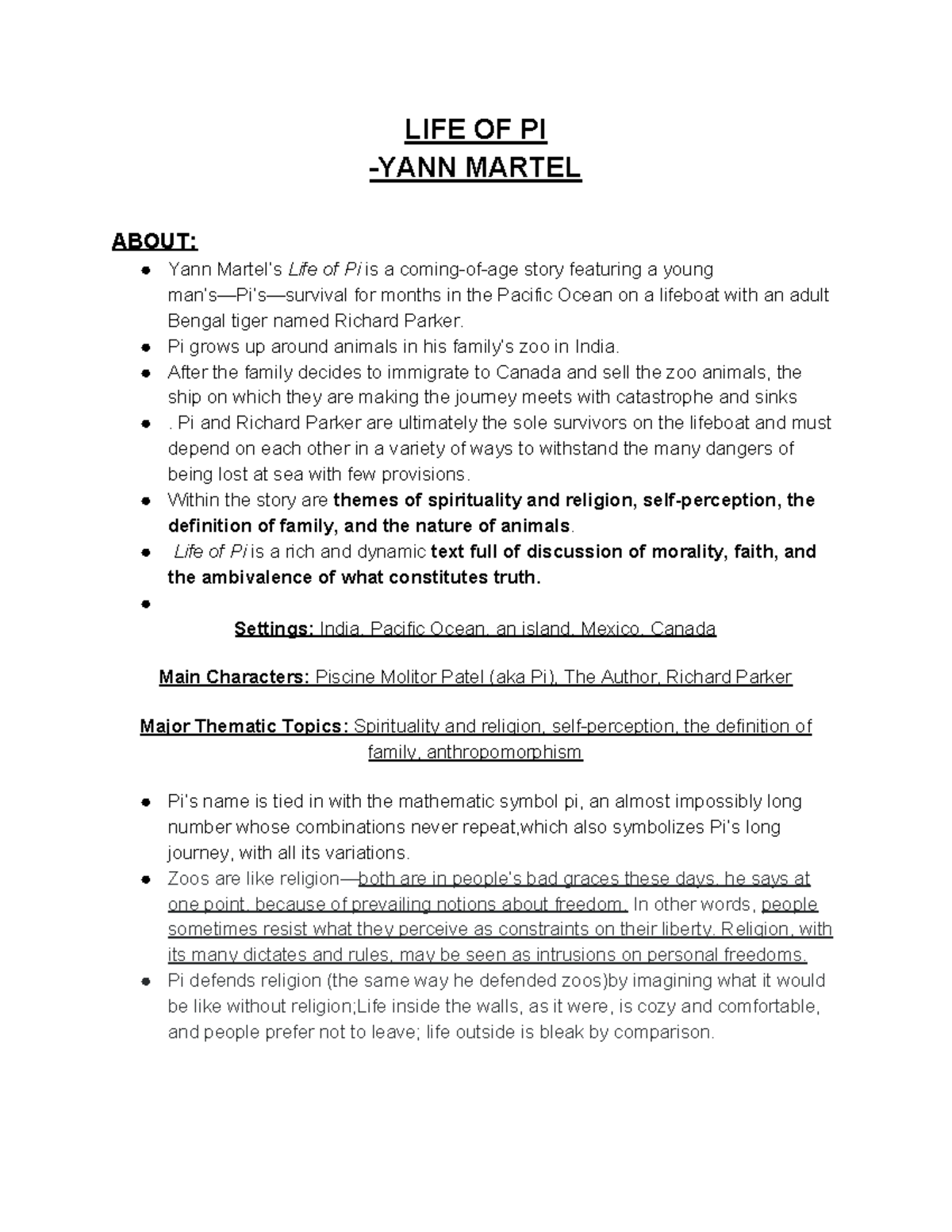 Life-of-pi - Notes on Themes in Life of Pi - LIFE OF PI -YANN MARTEL ...