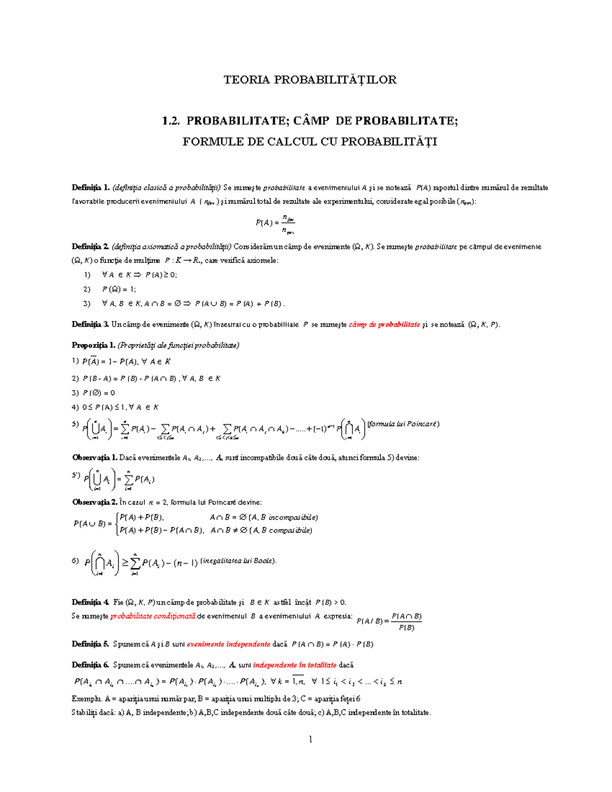 Curs 2 Probabilitati - TEORIA PROBABILITĂŢILOR 1. PROBABILITATE; CÂMP ...