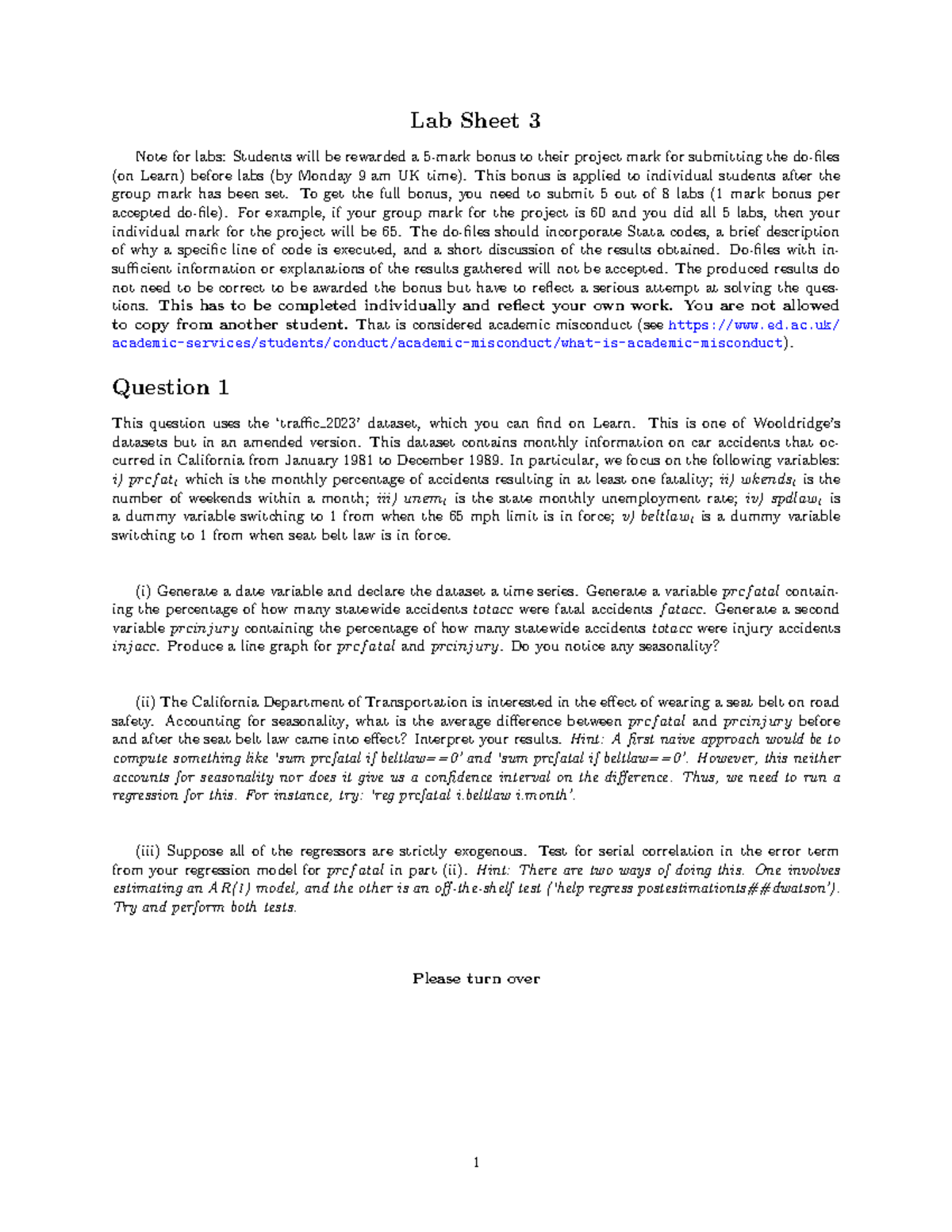 Lab 3 - Lab 3 - Lab Sheet 3 Note for labs: Students will be rewarded a 5-mark bonus to their ...