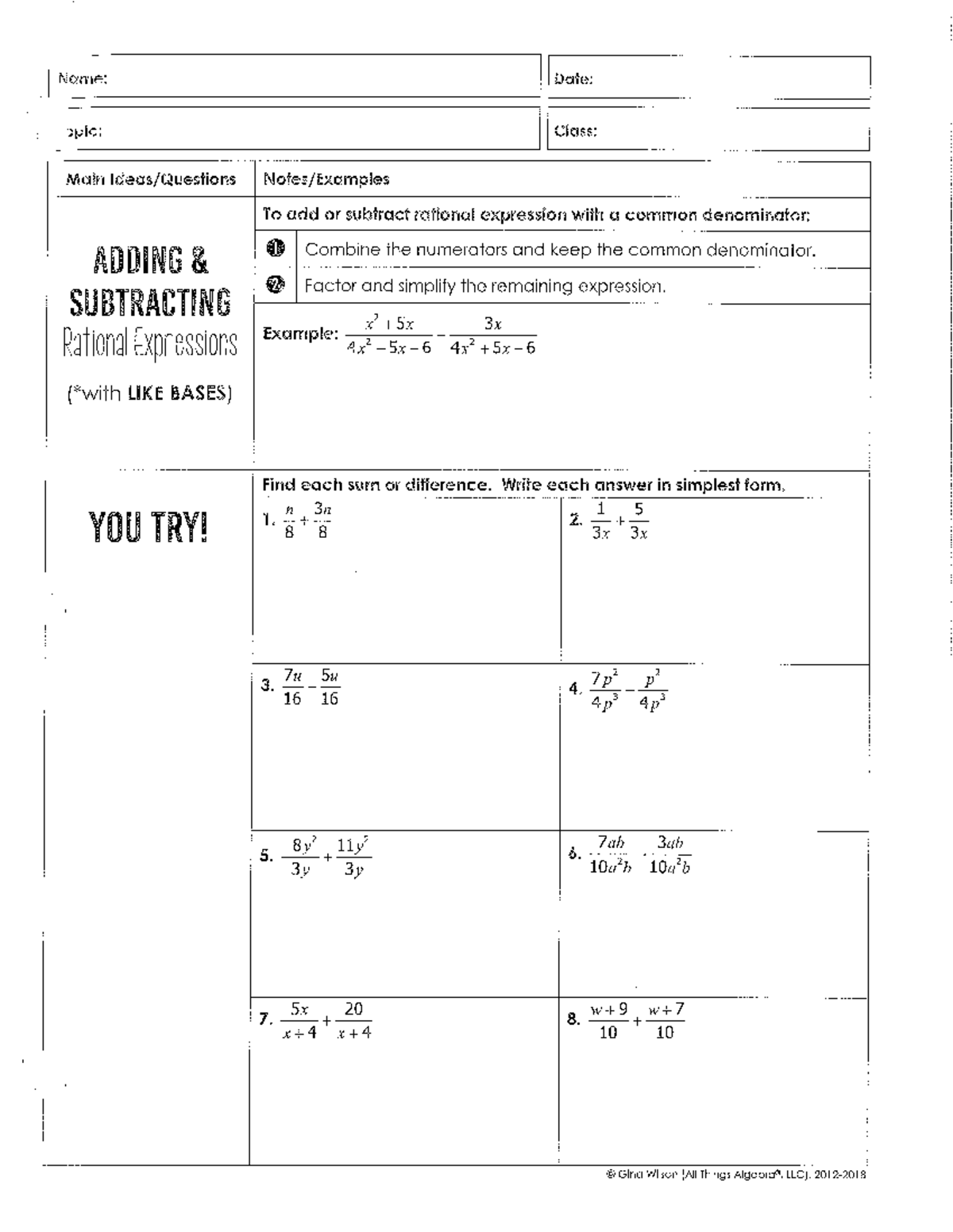 Add/Subtracting Rational Expressions (Like Bases) - Studocu
