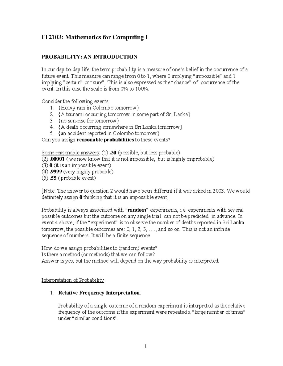 Section 7-manual-V3 - IT2103: Mathematics for Computing I PROBABILITY: AN INTRODUCTION In our ...