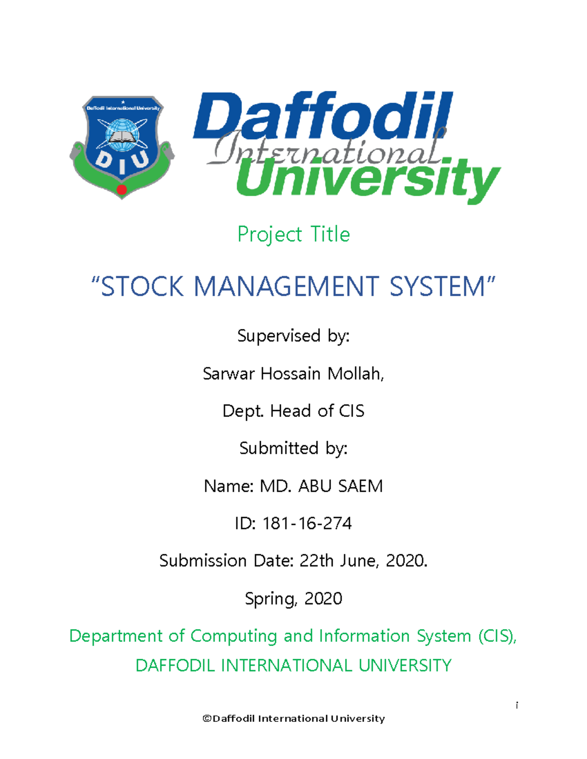 Stock Management System (Project)-2 - i Project Title “STOCK MANAGEMENT ...