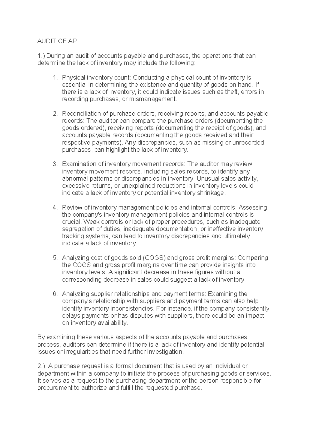 Audit OF AP - AUDIT OF AP 1.) During an audit of accounts payable and ...