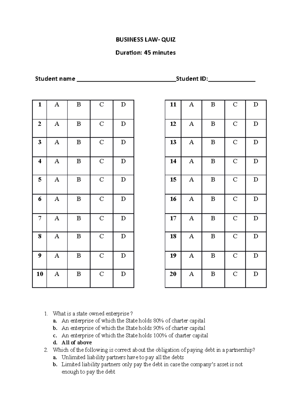 Mock-Quiz-1 for practical - BUSINESS LAW- QUIZ Duration: 45 minutes ...