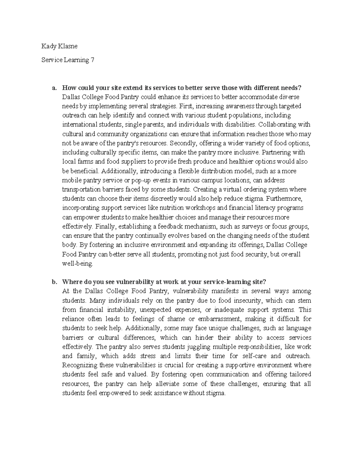 Servicelearning 7 - Service learning log for community service - Kady ...