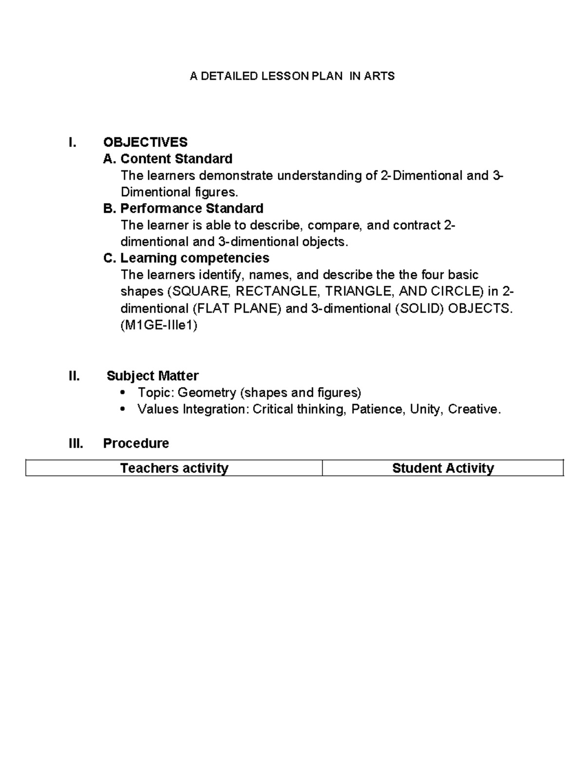 A Detailed Lesson PLAN IN ARTS - A DETAILED LESSON PLAN IN ARTS I ...