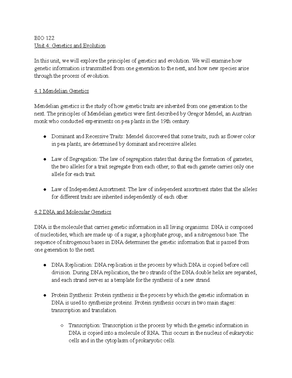 BIO 122 Unit 4 Notes - BIO 122 Unit 4: Genetics and Evolution In this ...