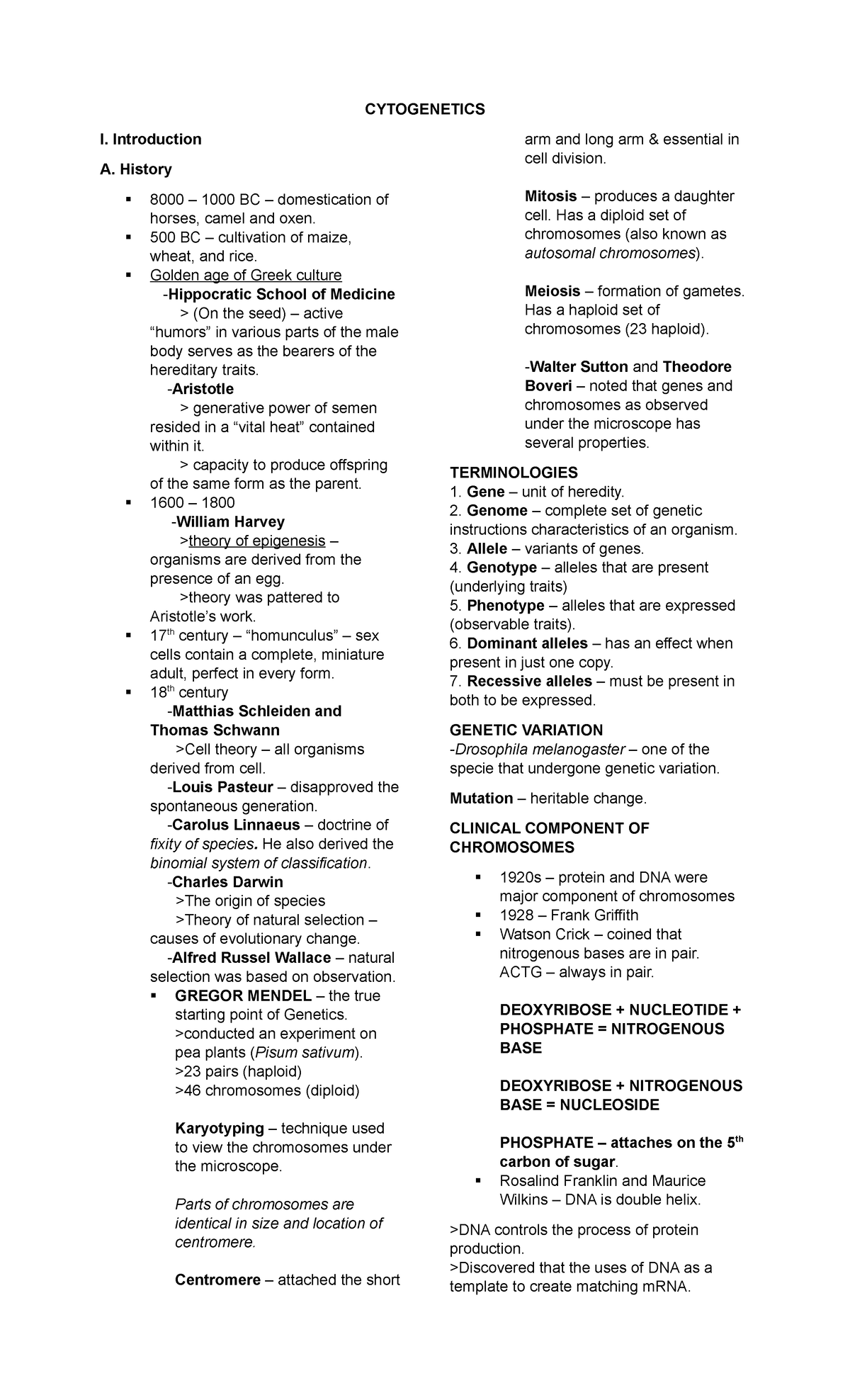 Cytogenetics - Lecture notes 1 - CYTOGENETICS I. Introduction arm and ...