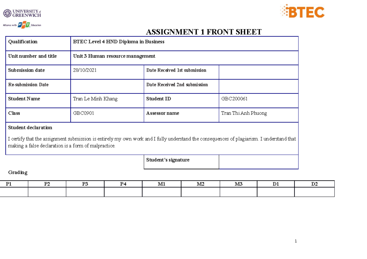 487.Assignment 1 frontsheet (2020 - 2021) - ASSIGNMENT 1 FRONT SHEET Qualification BTEC Level 4 ...