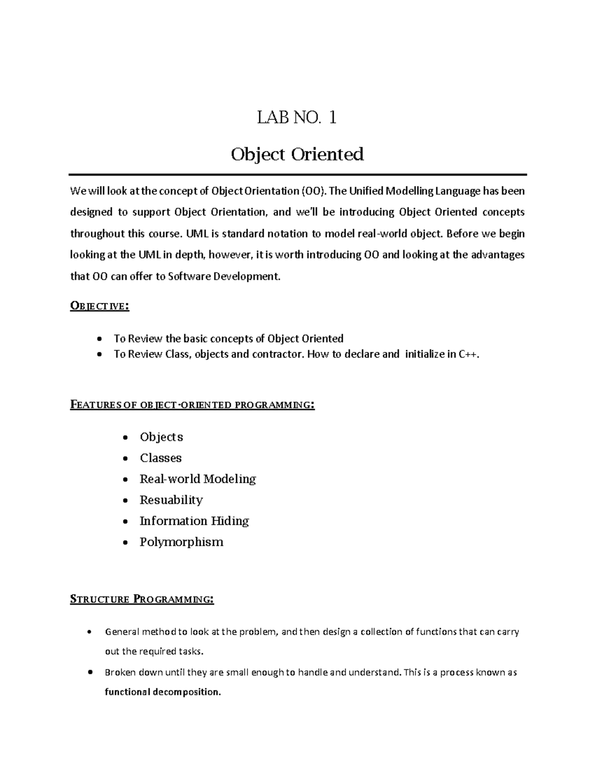 Lab 01 - LAB 6 - LAB NO. 1 Object Oriented We will look at the concept ...