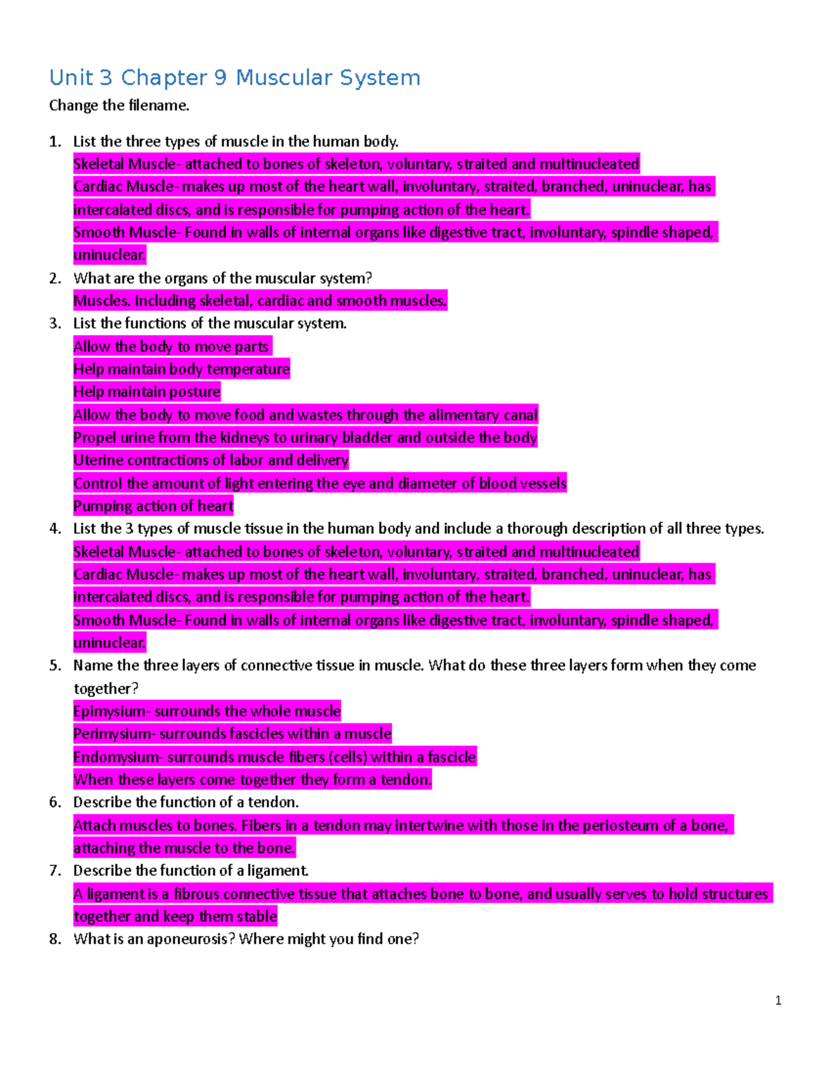 Unit 3 Ch. 9 Homework Musclar - Unit 3 Chapter 9 Muscular System Change ...