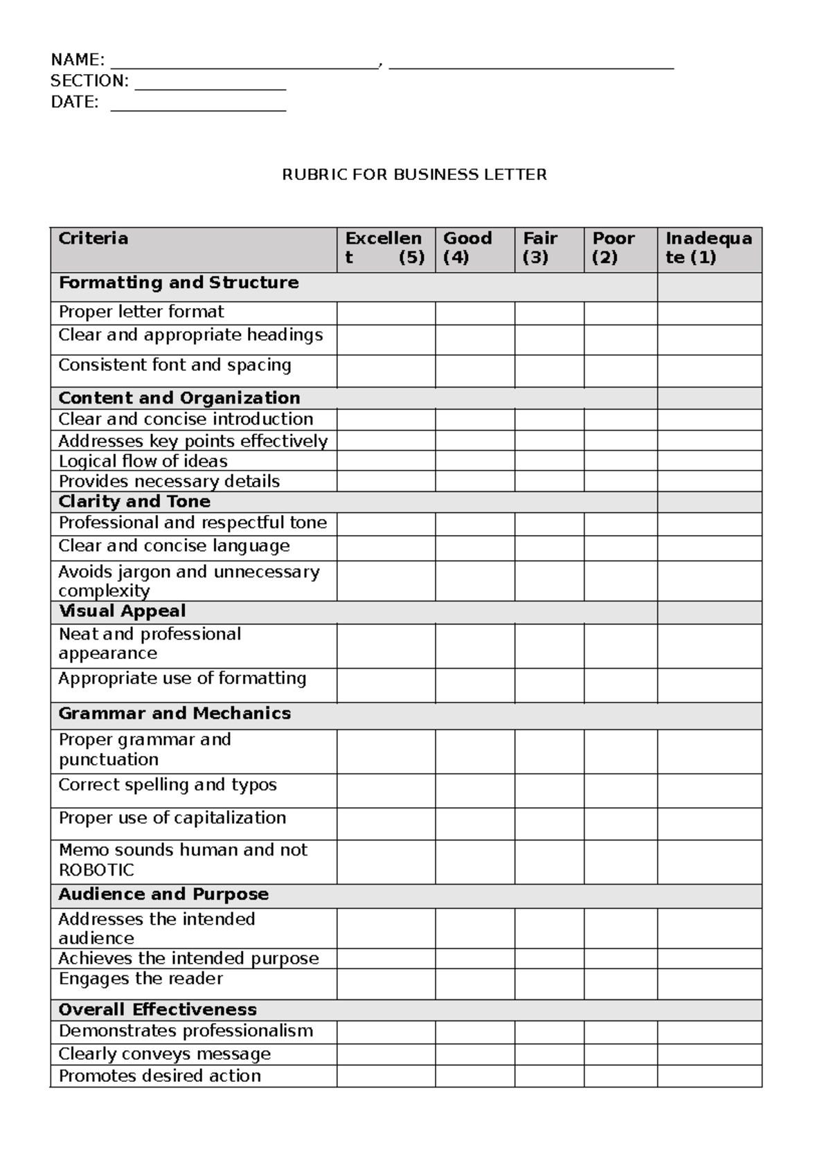Rubric FOR Business Letter - NAME ...