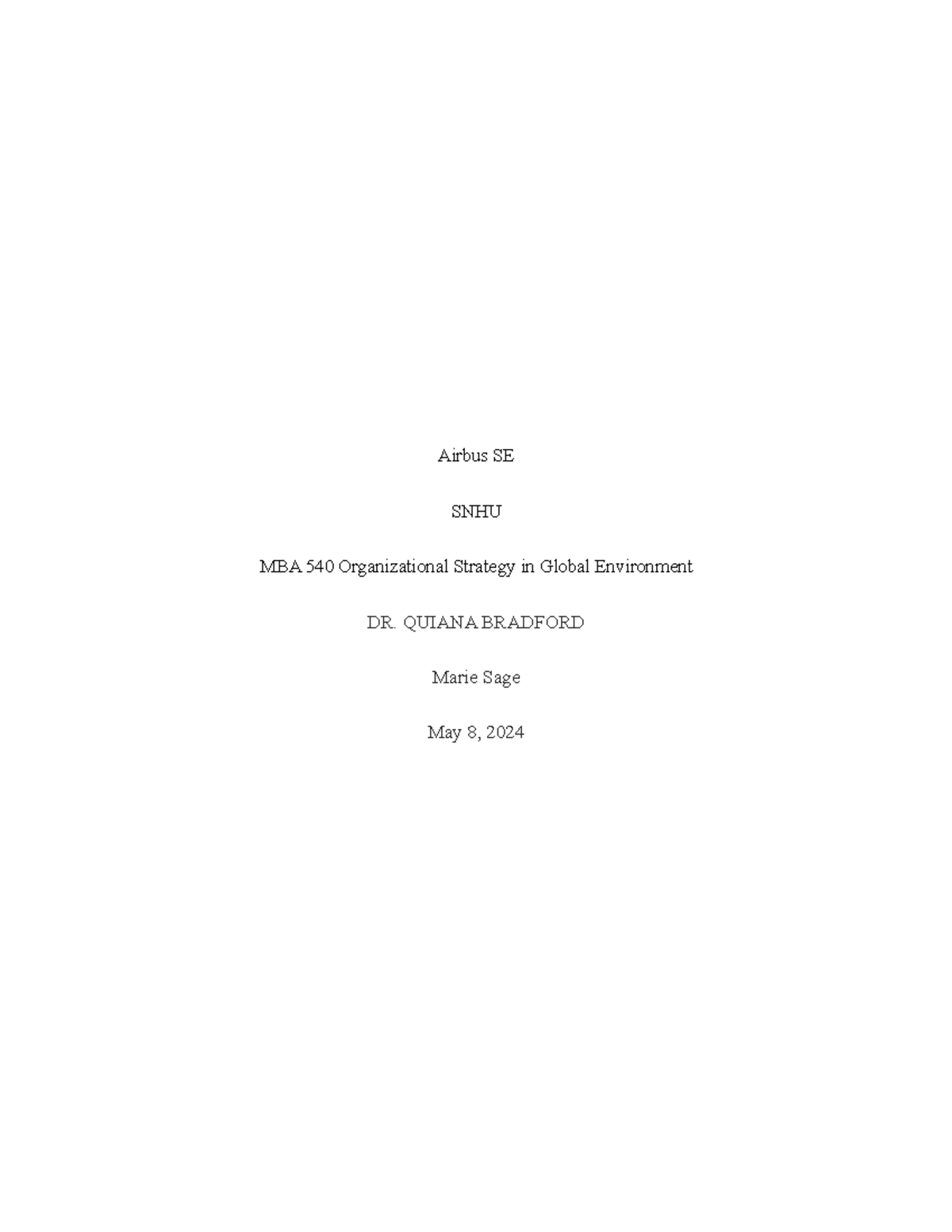 Marie Sage MBA540 Module 1-3Journal Airbus SE - Airbus SE SNHU MBA 540 ...