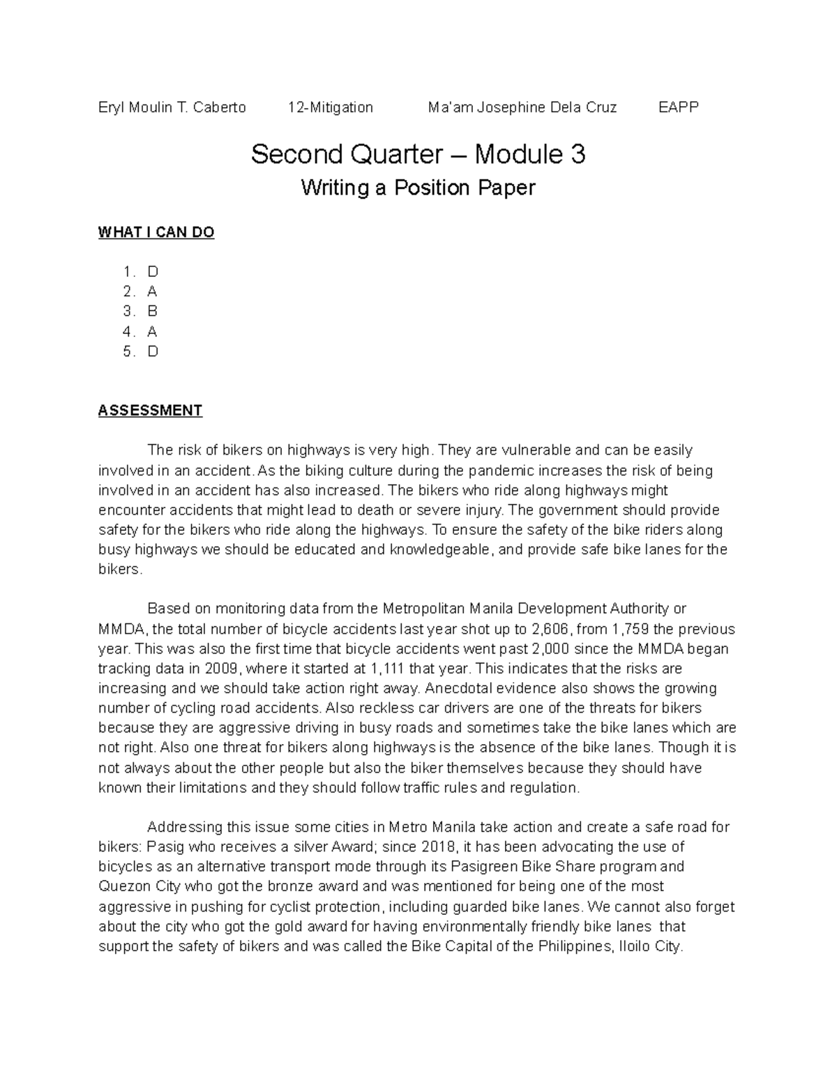 Second Quarter – Module 3 Writing a Position Paper - Eryl Moulin T ...
