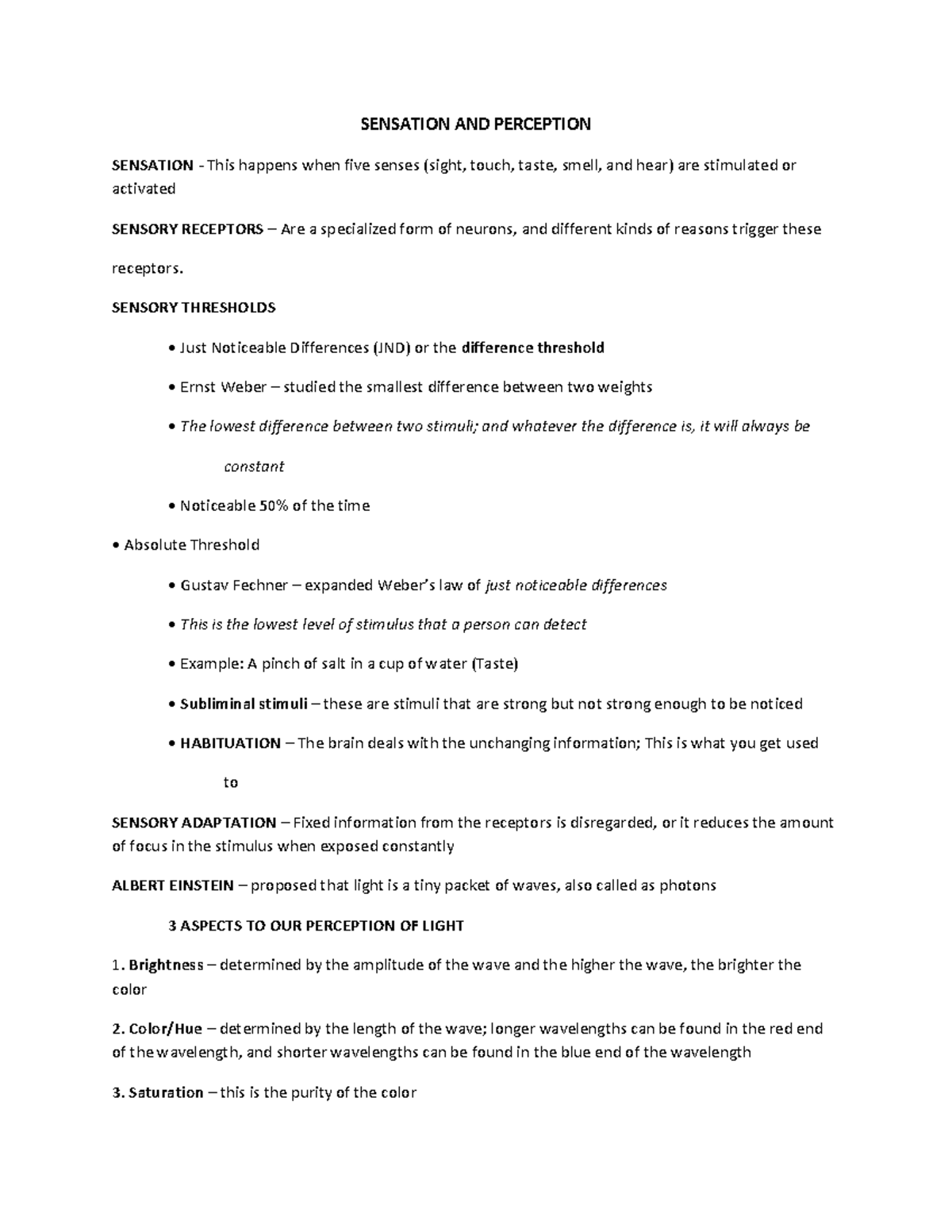 Sensation AND Perception - SENSATION AND PERCEPTION SENSATION - This ...