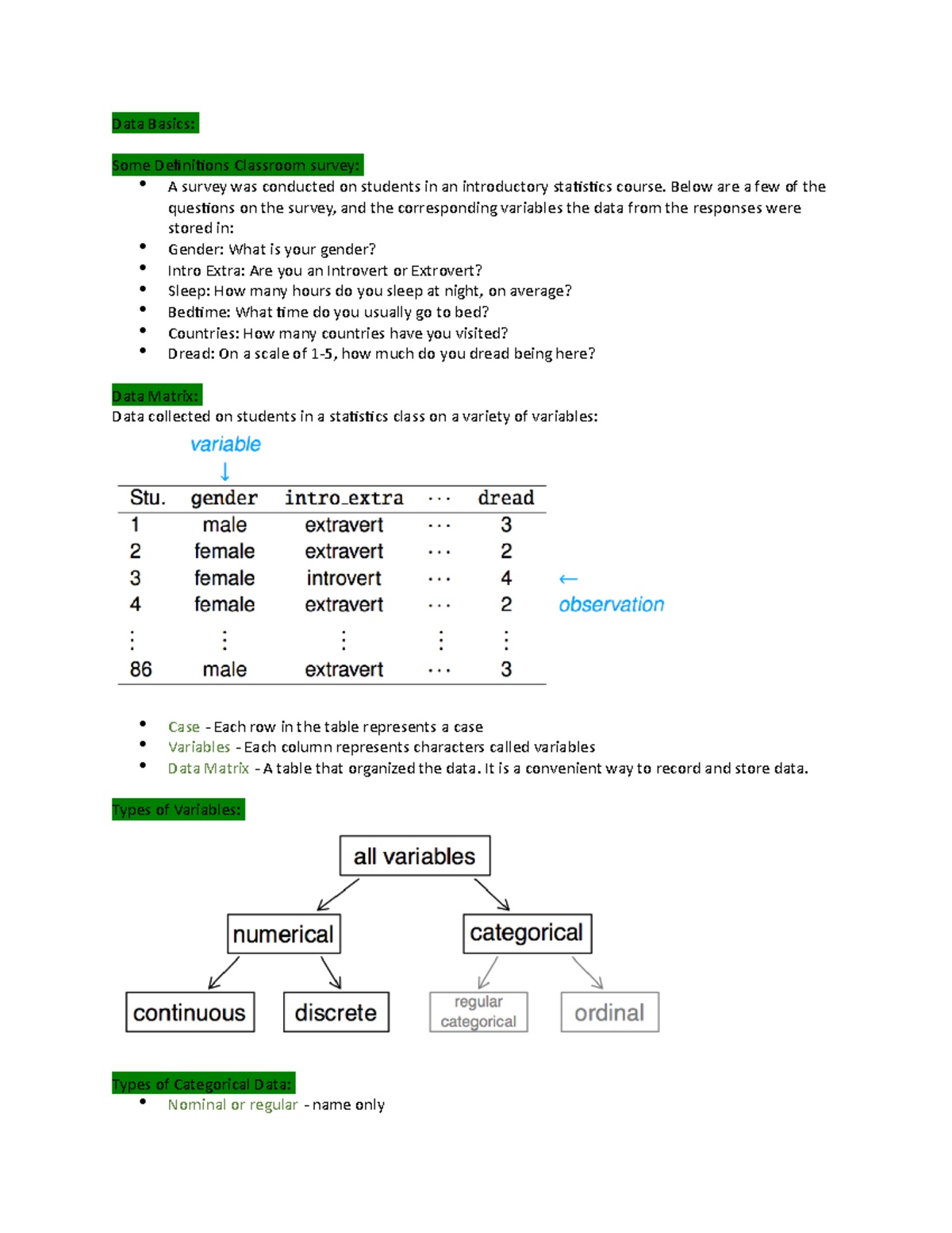 Everyday Statistics ch. 1.2 - Data Basics: Some Definitions Classroom survey: A survey was - Studocu