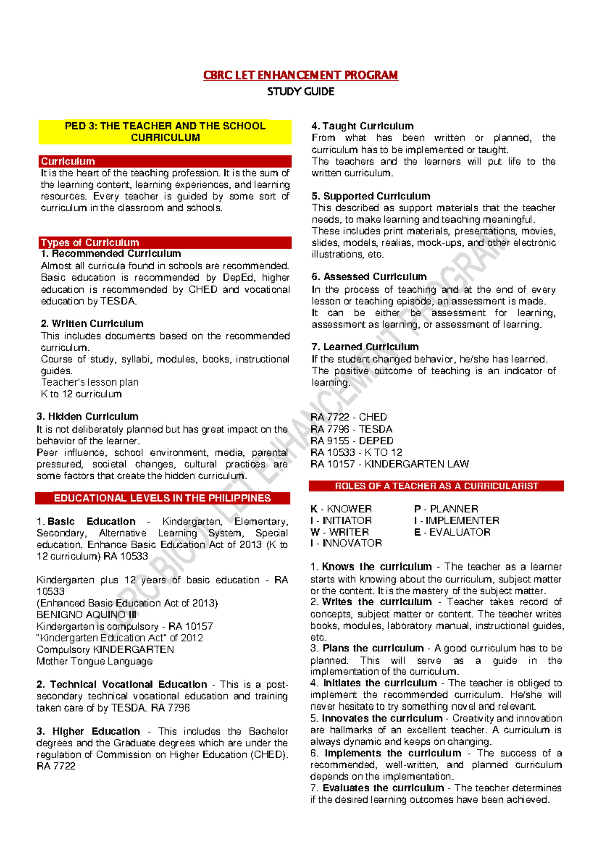 CBRC LET Enhancement Study Guide - CBRC LET ENHANCEMENT PROGRAM STUDY ...