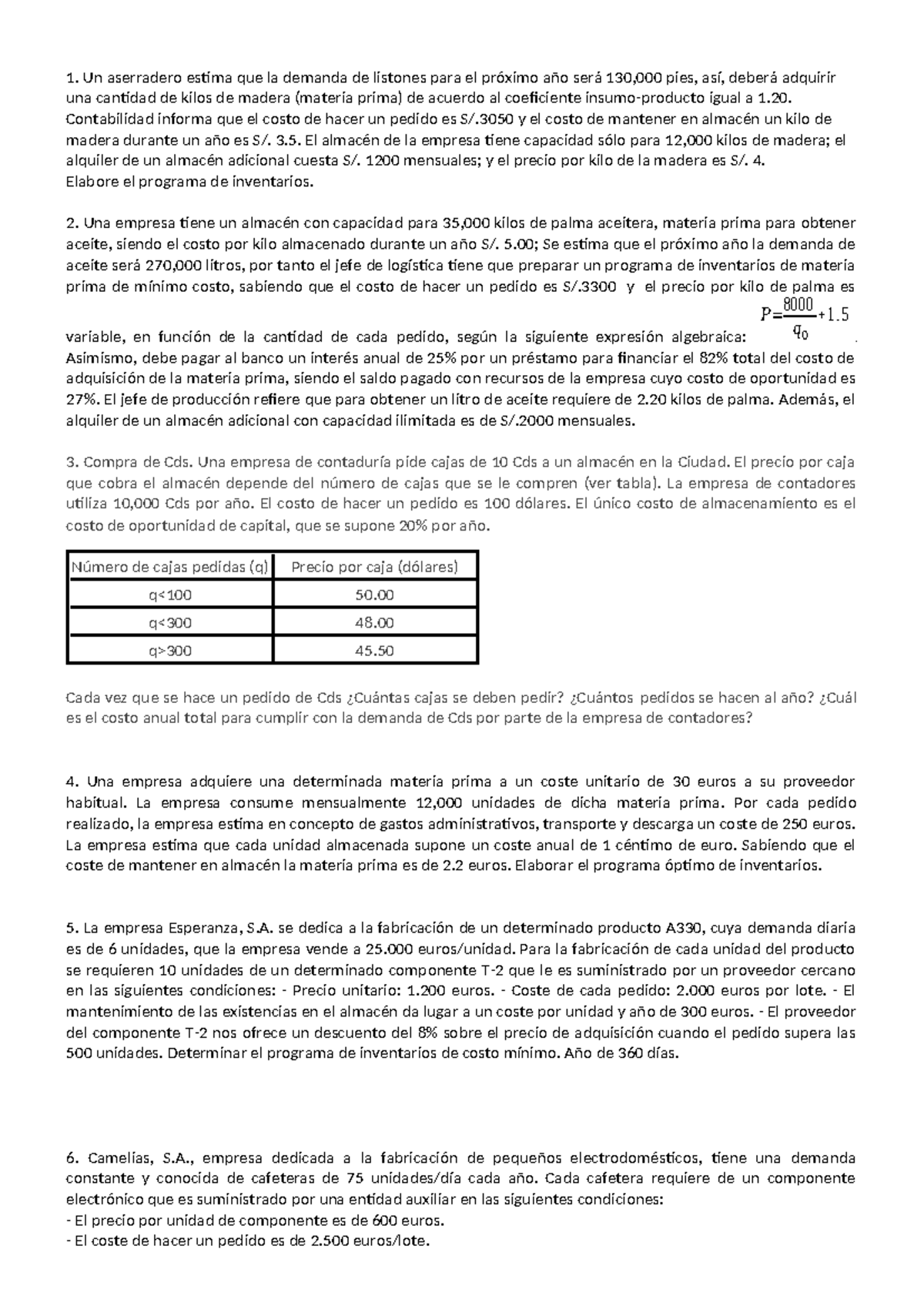 Ejercicios de inventarios 2024 - 1. Un aserradero estima que la demanda de listones para el ...