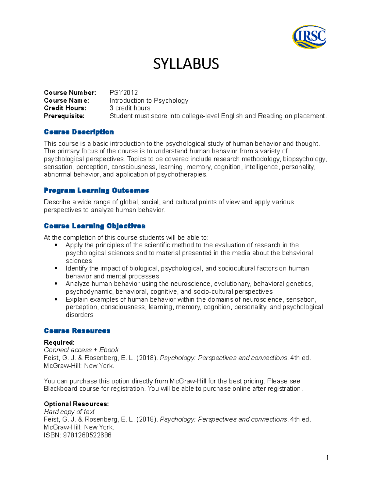 PSY 2012 Syllabus Summer 2022 - SYLLABUS Course Number: PSY Course Name ...