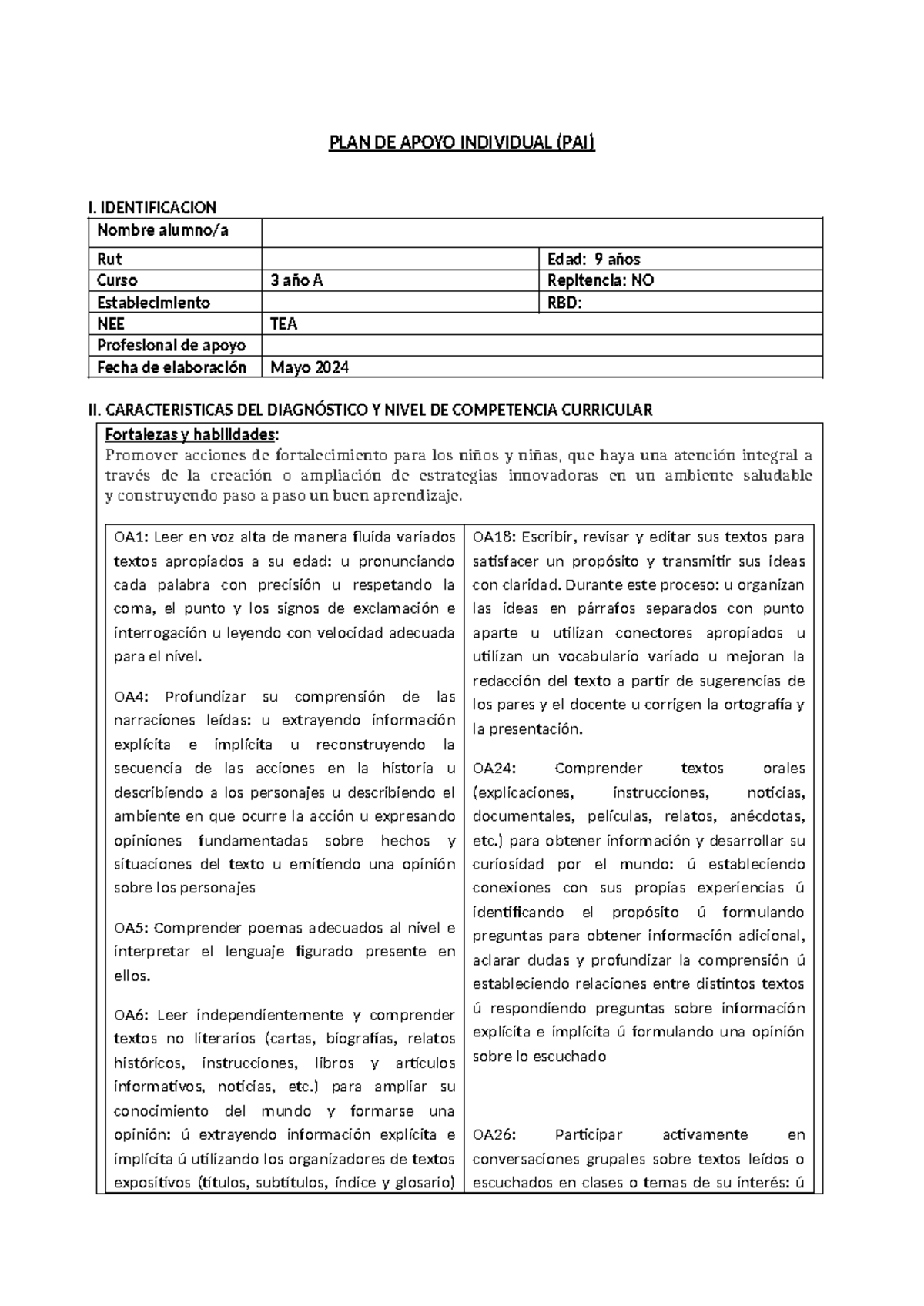 PAI-1 - PLAN DE APOYO INDIVIDUAL (PAI) I. IDENTIFICACION Nombre alumno ...