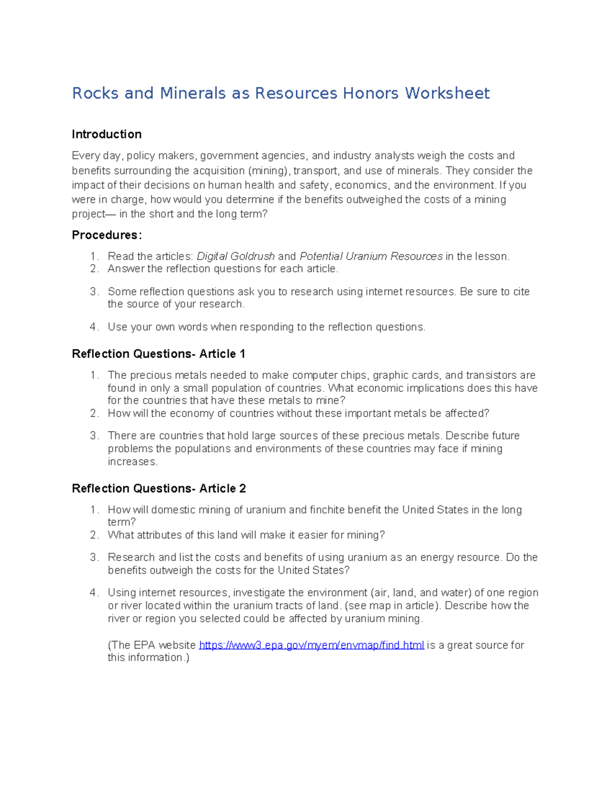 Rocks minerals resources honors - Rocks and Minerals as Resources ...