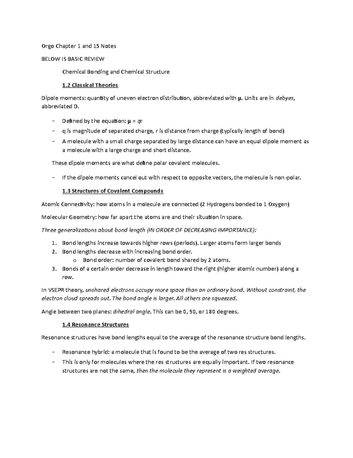 Orgo Chapter 1 Notes - Organic Chemistry - Orgo Chapter 1 and 15 Notes ...