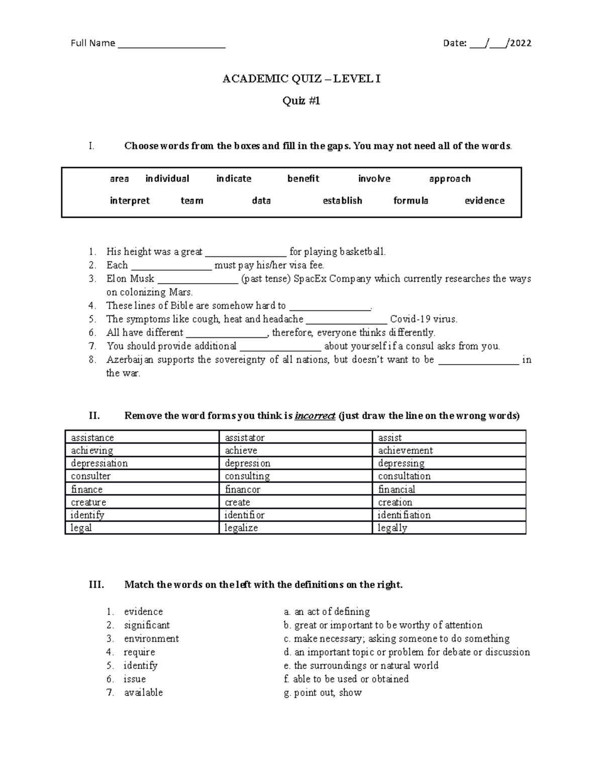 Academic Quiz #1 (Level 1) - Full Name ____________________ Date ...