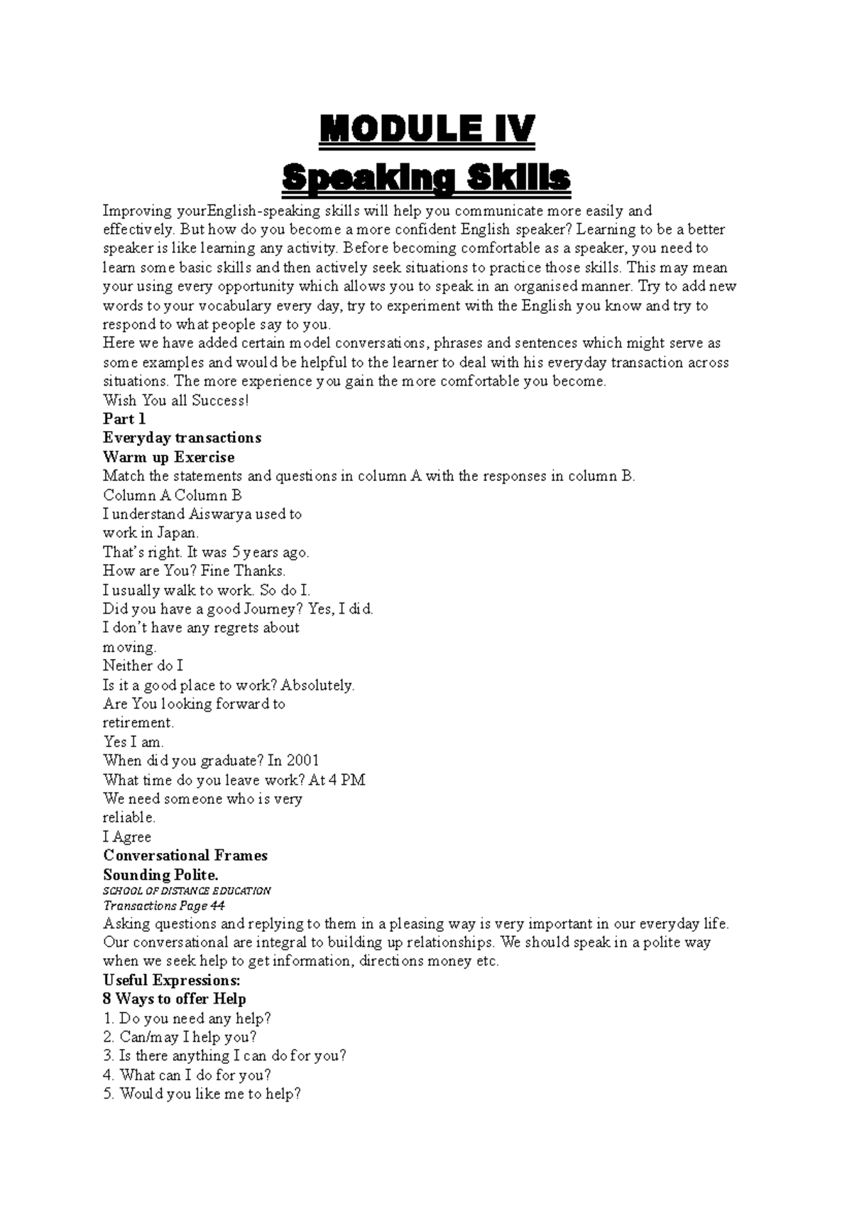 Speaking Skills - Common course in English - MODULE IV Speaking Skills ...