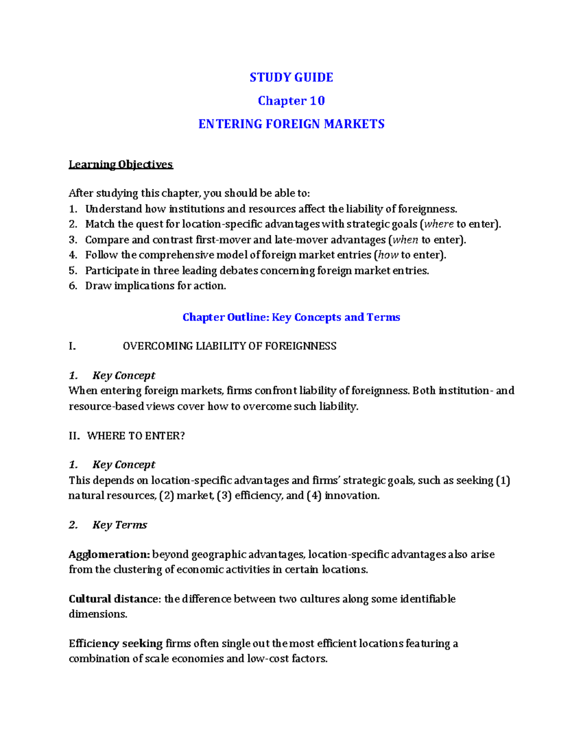 Peng, Chapter 10 Study Guide - STUDY GUIDE Chapter 10 ENTERING FOREIGN ...