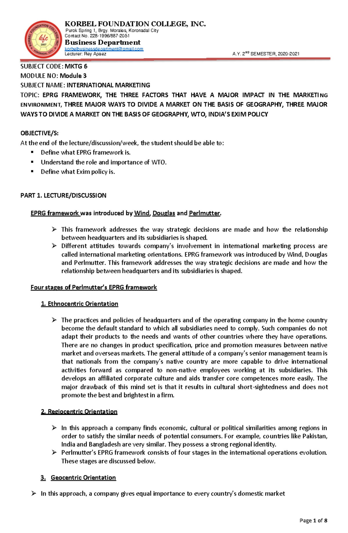 Module 3 International Marketing - Purok Spring 1, Brgy. Morales ...