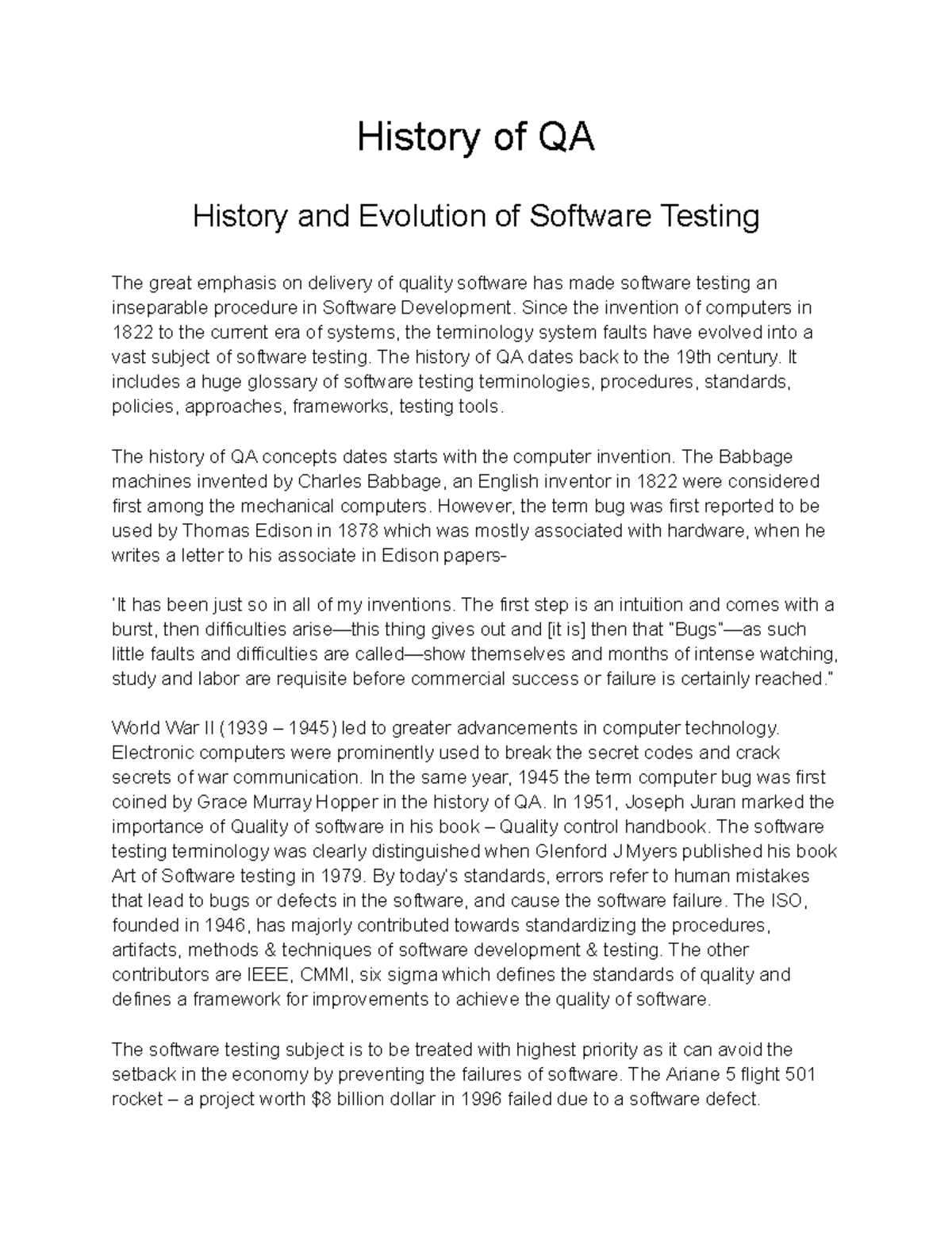 History of QA - History of QA History and Evolution of Software Testing ...