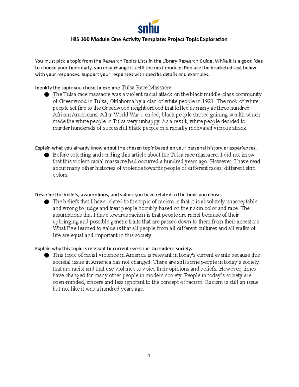 HIS 100 Module One Activity Template - While it is a good idea to ...