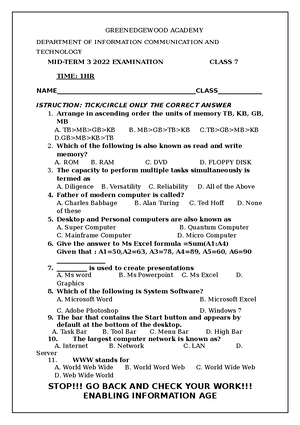 Class 5 ICT MID TERM EXAM - GREEN EDGEWOOD ACADEMY DEPARTMENT OF ...