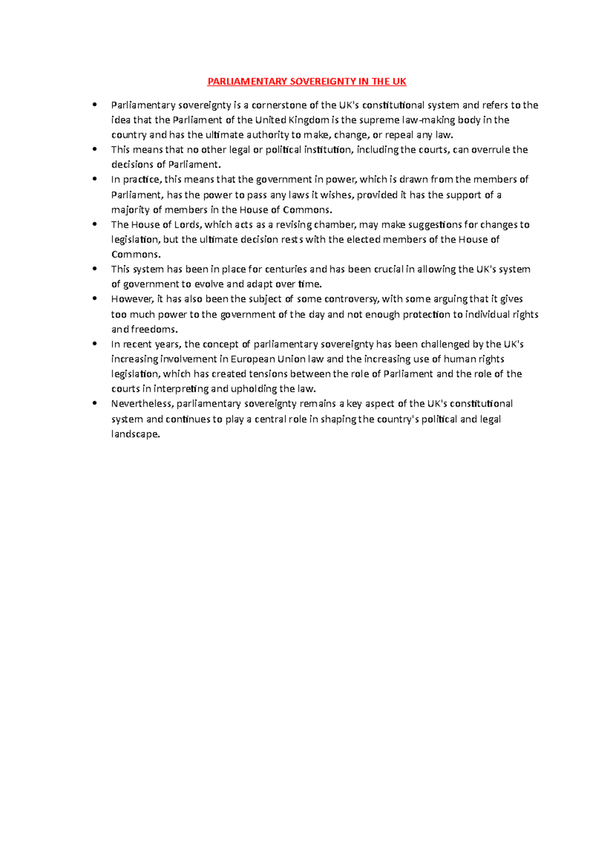 Notes of Parliamentary sovereignty - PARLIAMENTARY SOVEREIGNTY IN THE ...
