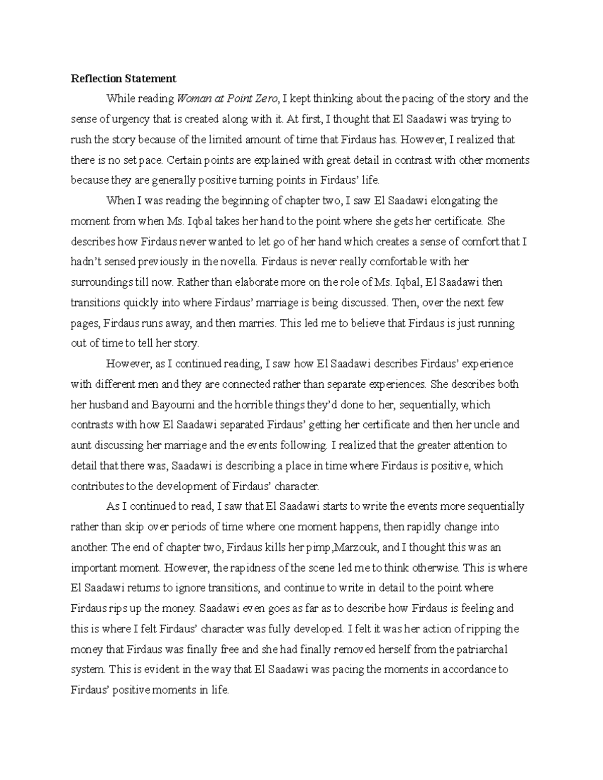 Woman at Point Zero Annotations - Reflection Statement While reading ...