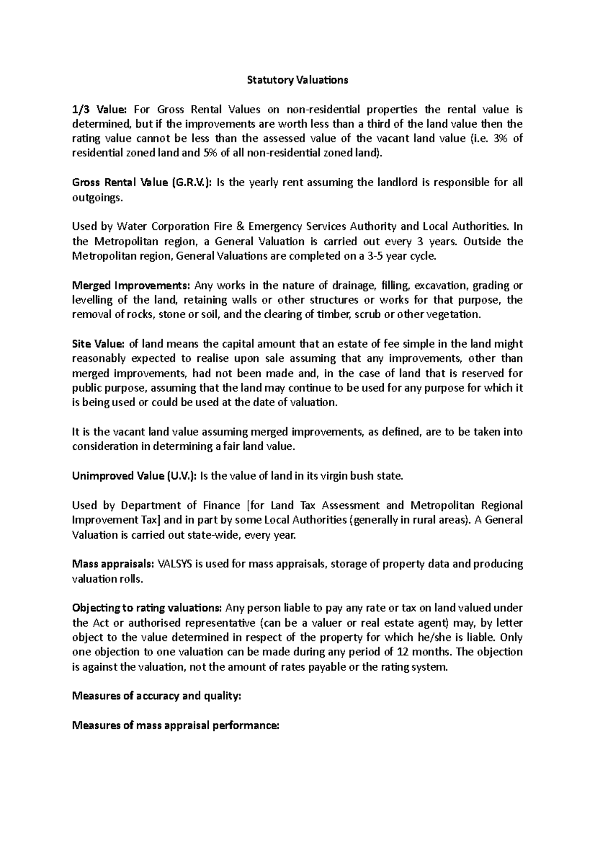 Mid Semester Test Study Notes - Statutory Valuations 1/3 Value: For ...