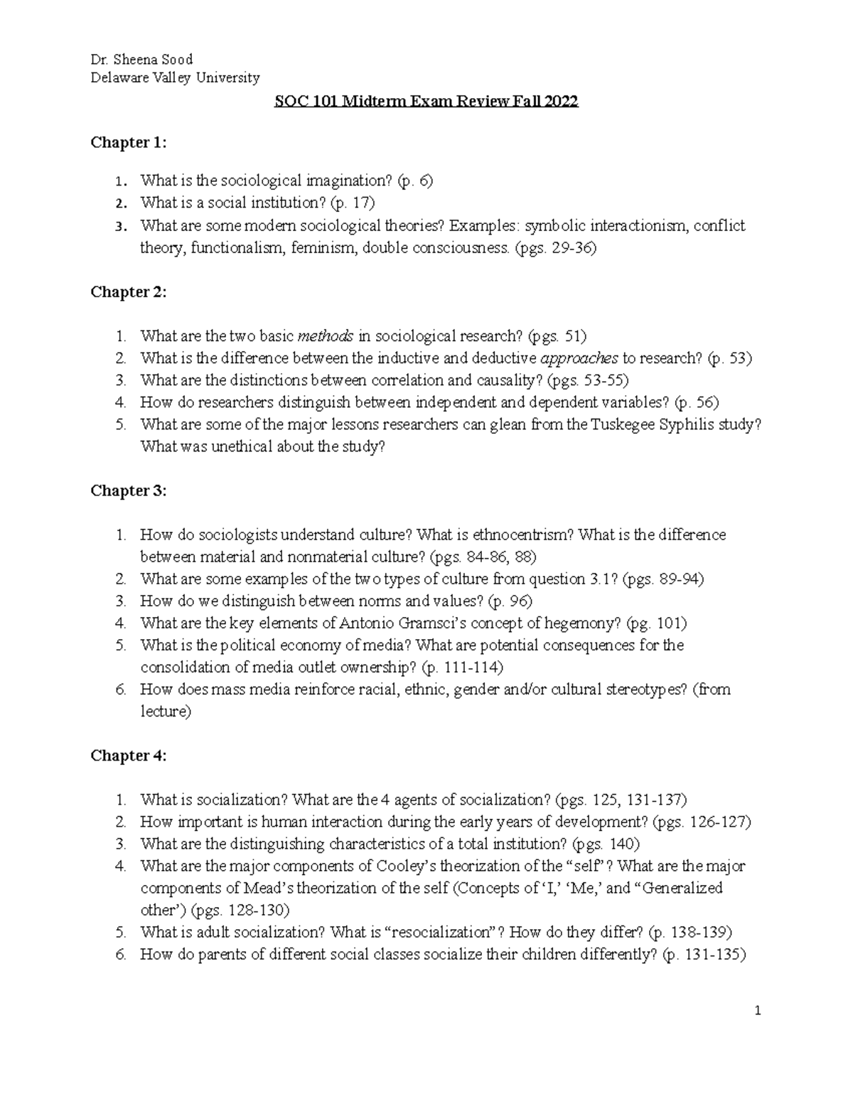 Midterm Review Sheet Fall 2022 - Dr. Sheena Sood Delaware Valley ...