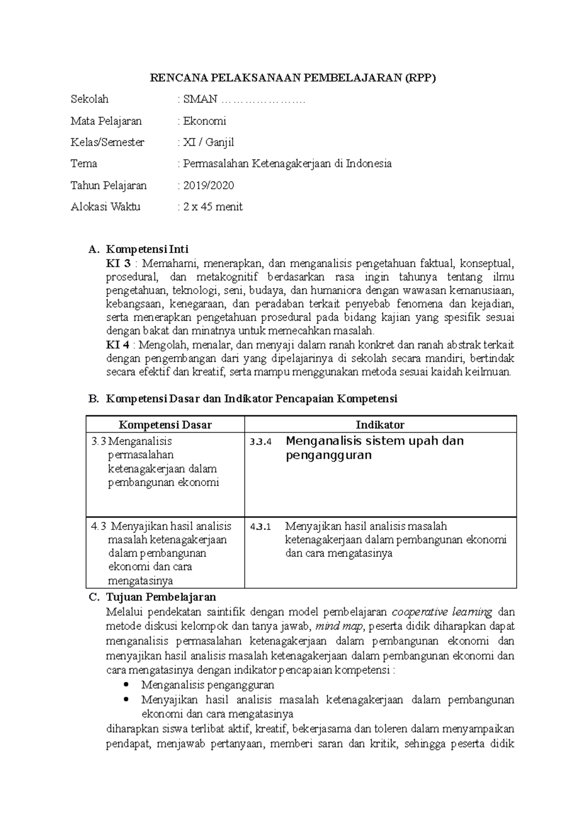 Contoh RPP Kelas 11 IPS Pengangguran - RENCANA PELAKSANAAN PEMBELAJARAN ...