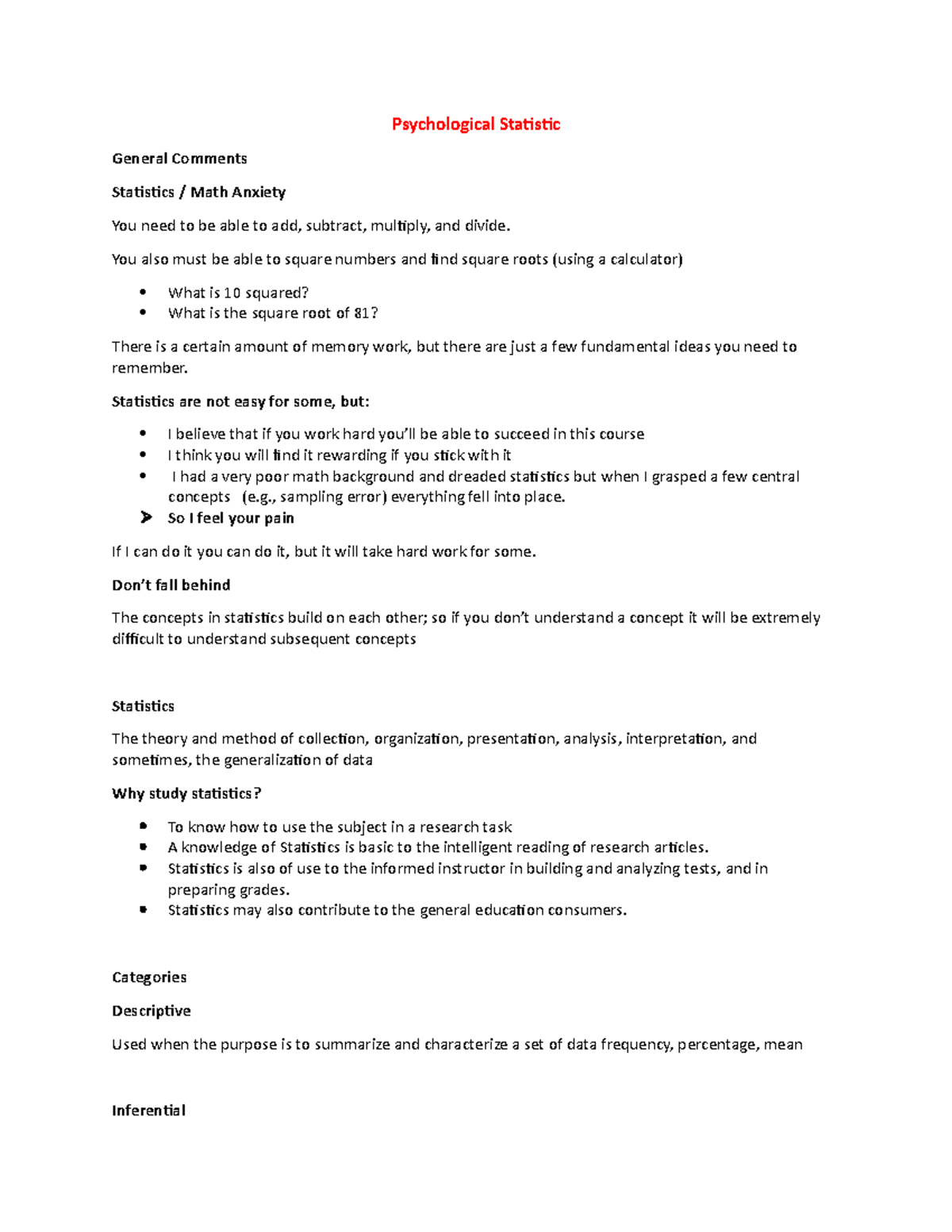 Psychstat-lec-lesson 1 - Psychological Statistic General Comments ...