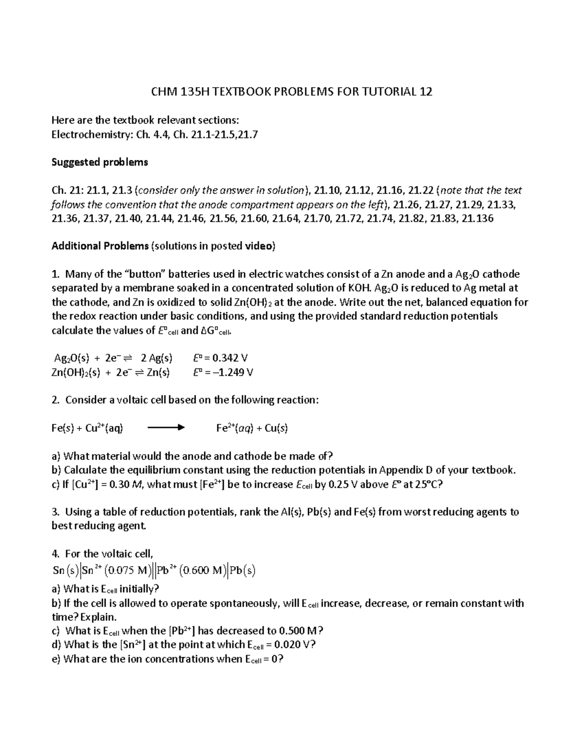 Tutorial 12-1 - CHM 135H TEXTBOOK PROBLEMS FOR TUTORIAL 12 Here are the ...