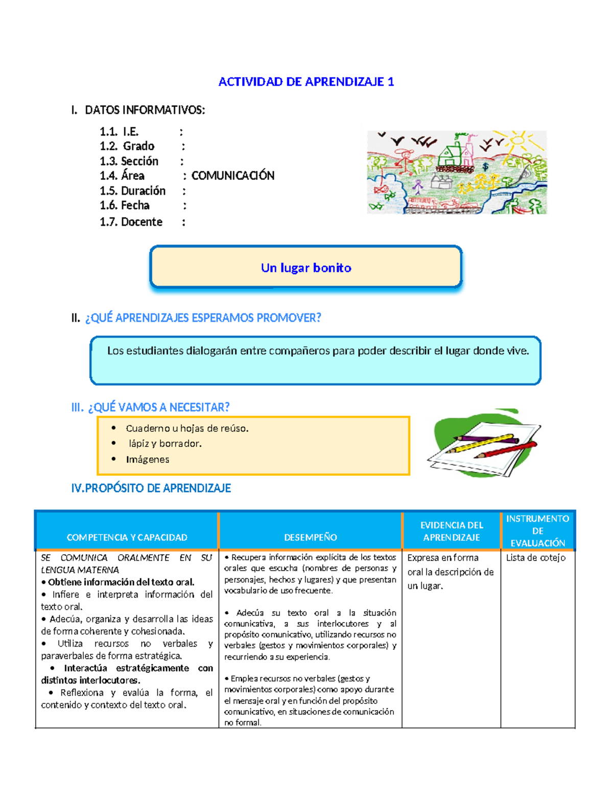 D1 A1 Sesion Un lugar bonito - ACTIVIDAD DE APRENDIZAJE 1 I. DATOS INFORMATIVOS: 1. I. : 1 ...