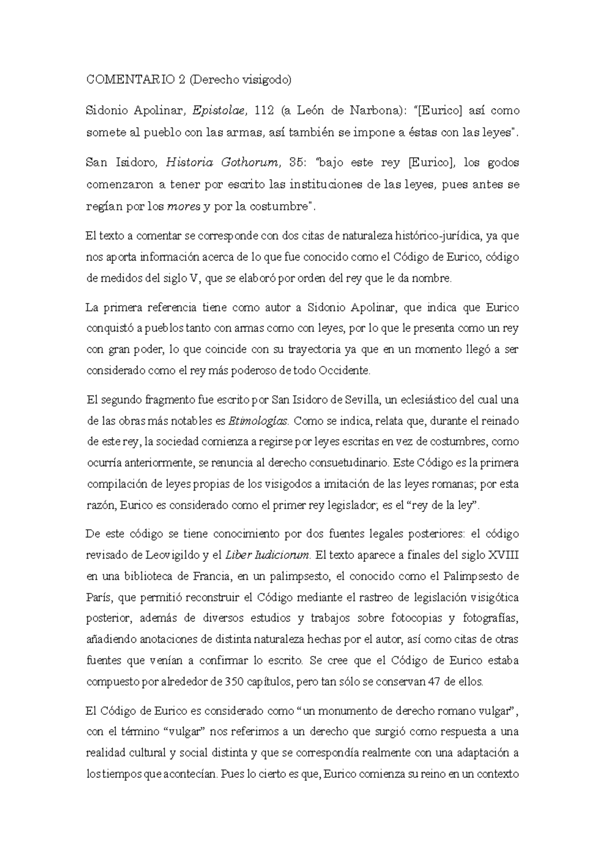 Práctica 2 - Código de Eurico - COMENTARIO 2 (Derecho visigodo) Sidonio ...