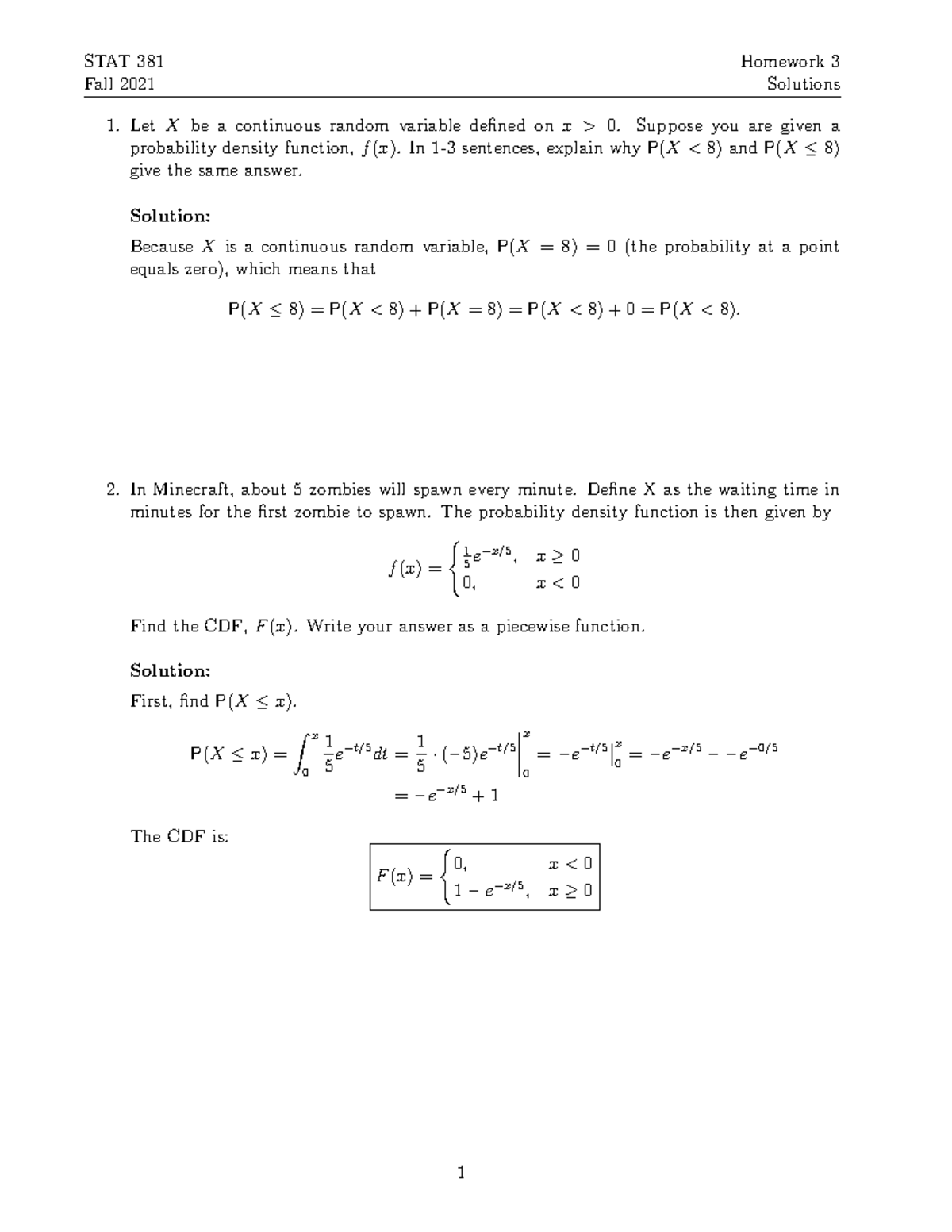 Stat381 HW03 Solutions - STAT 381 Fall 2021 Homework 3 Solutions Let X be a continuous random ...