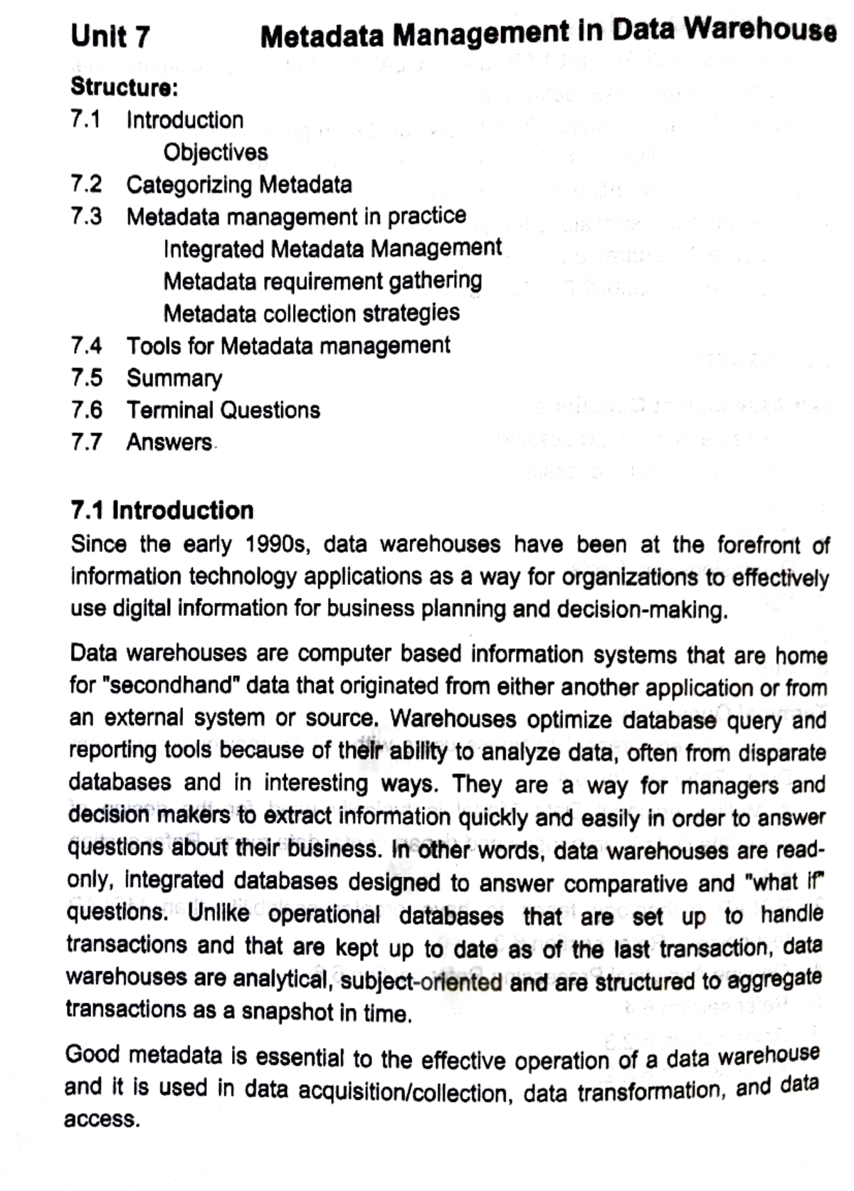 Metadata management in data warehouse - Unit 7 Metadata Management in ...