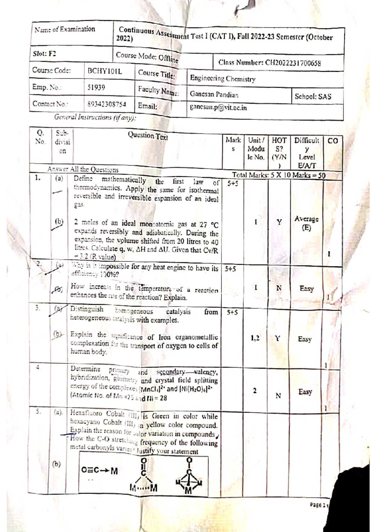 Chem CAT1 (2022) - Cat1 paper - Engineering Chemistry - Studocu