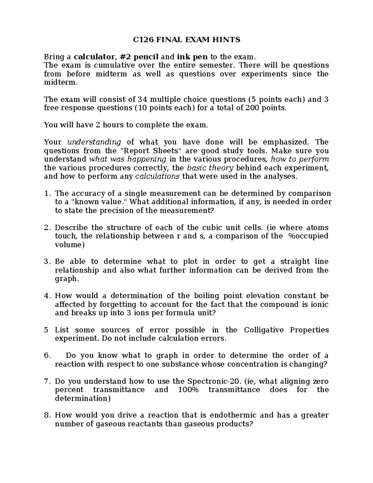 C126 Final Exam Hints - C126 FINAL EXAM HINTS Bring a calculator, #2 ...