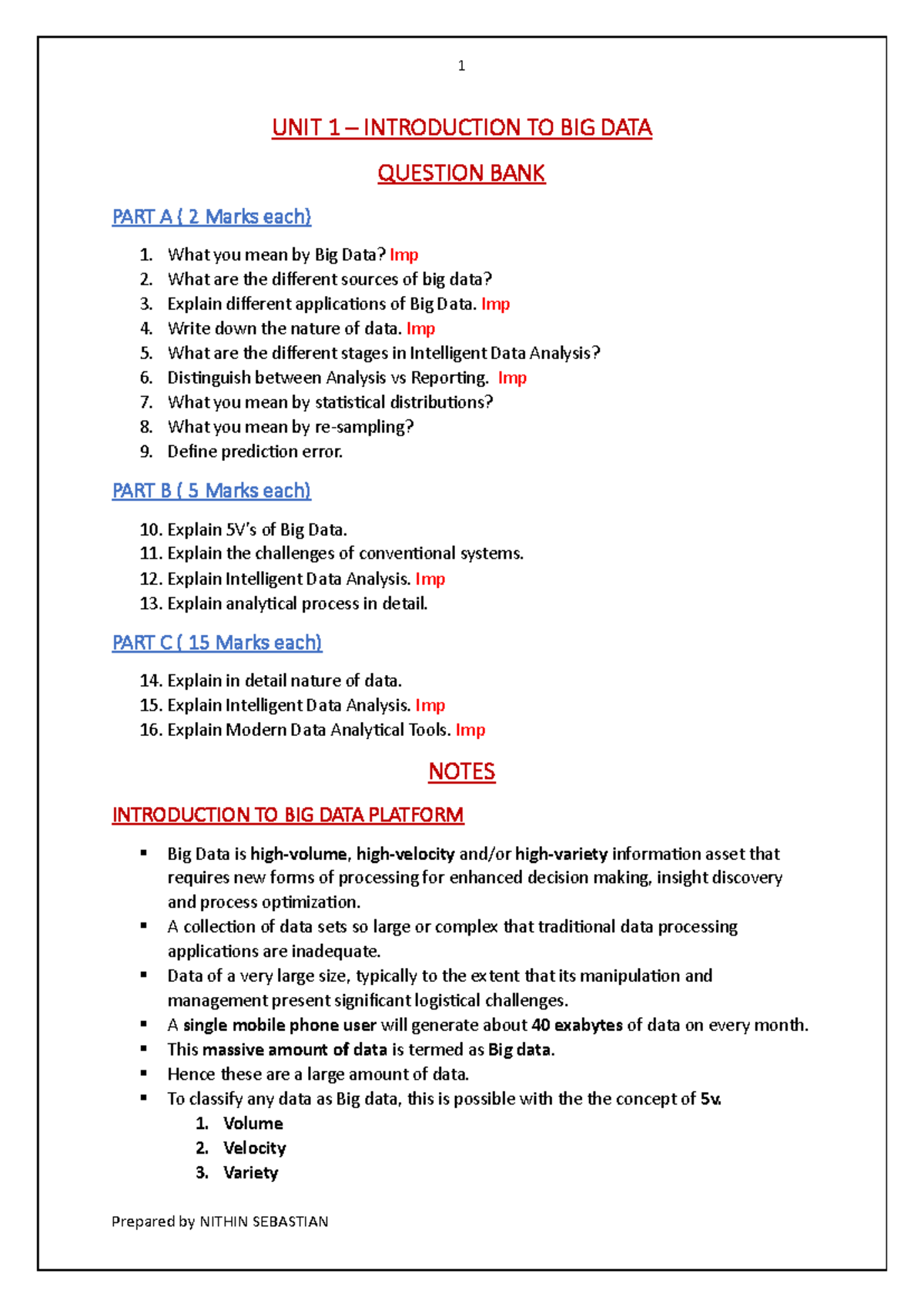 Unit 1 - UNIT 1 – INTRODUCTION TO BIG DATA QUESTION BANK PART A ( 2 ...