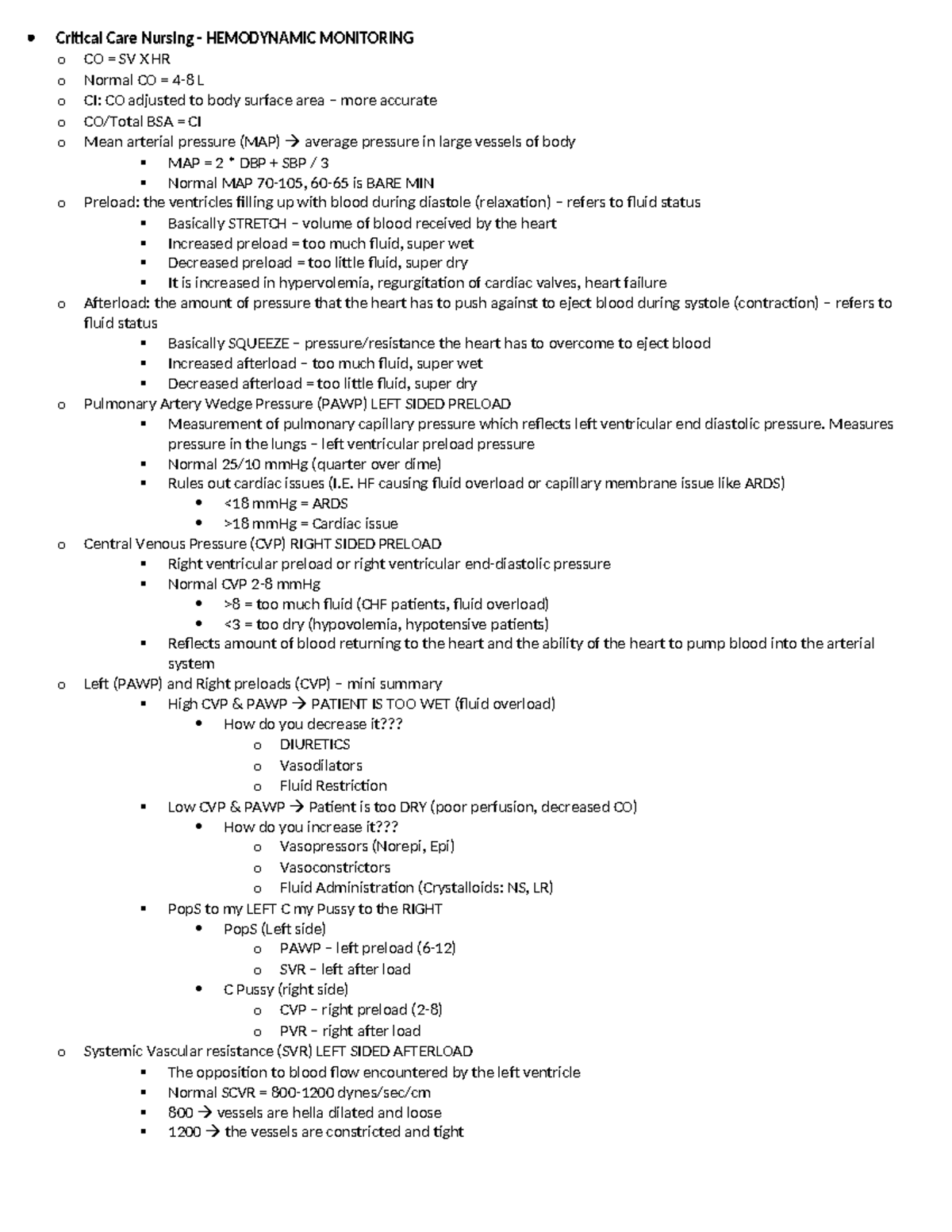 Exam 1 cc study guide - Critical Care Nursing - HEMODYNAMIC MONITORING ...