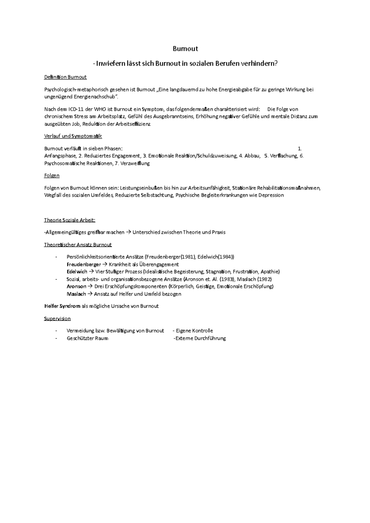 Burnout Handout - Vorlesungsnotizen 6 - Burnout Inwiefern lässt sich ...